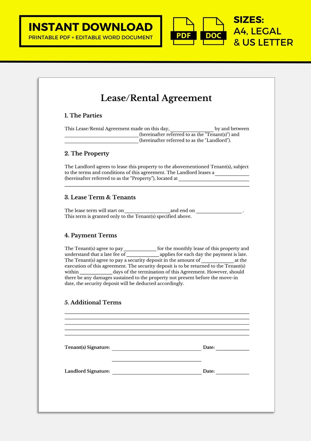 Rental Agreement, Lease Agreement, Rental Agreement Template, Lease ...