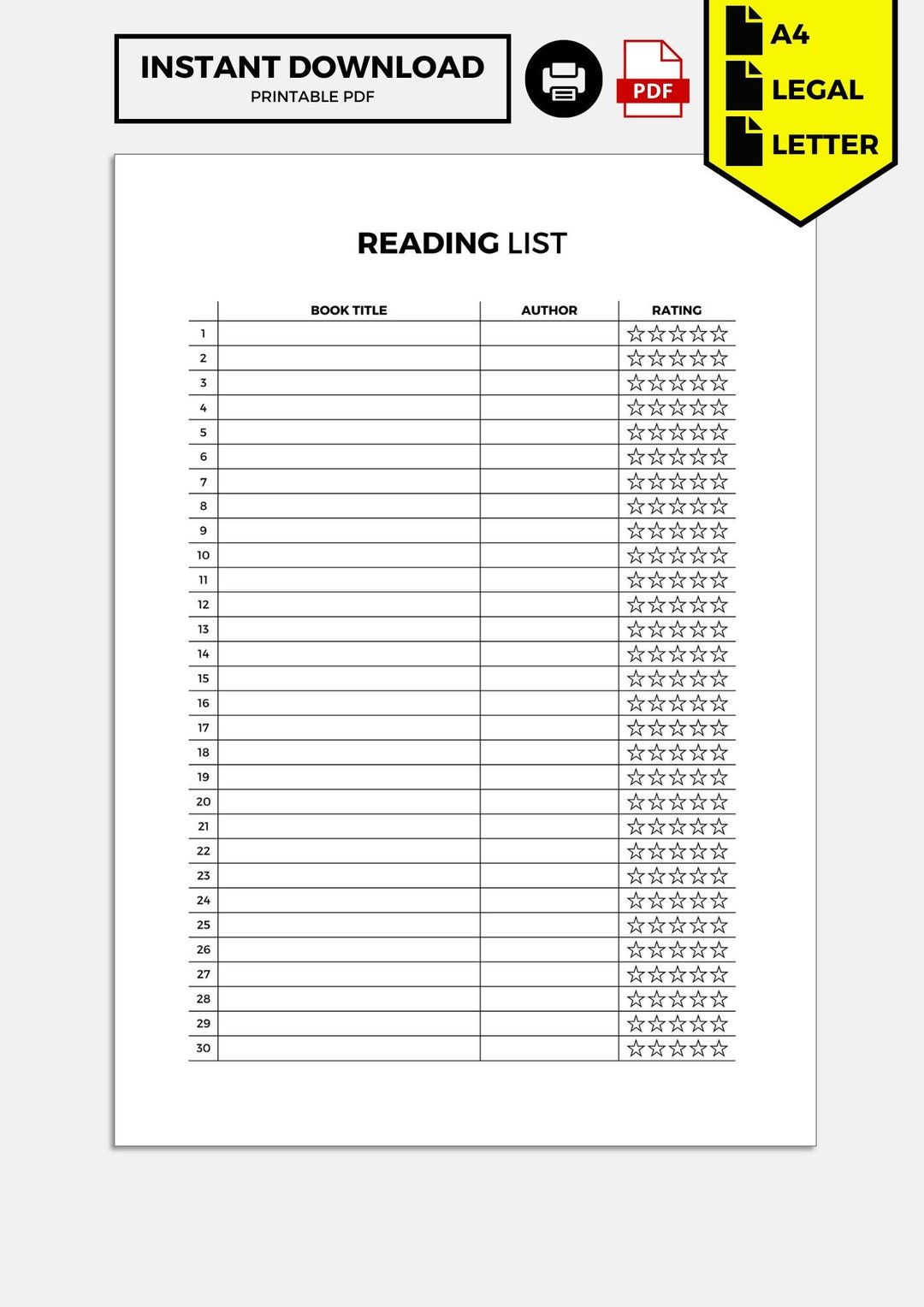 Reading List Printable - Etsy