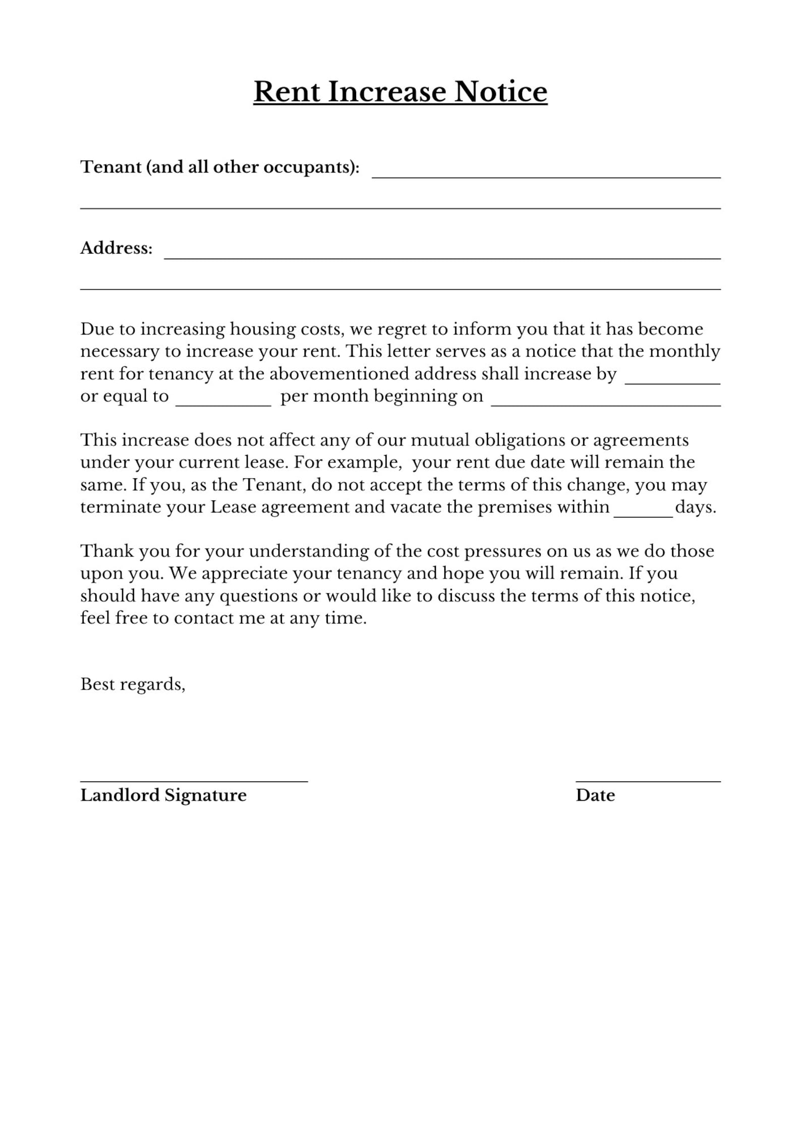 Rent Increase Notice, Rent Increase Form, Rent Increase Letter ...