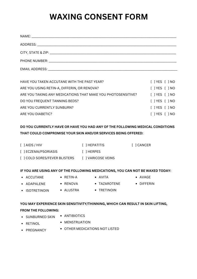 Waxing Consent Form - Etsy