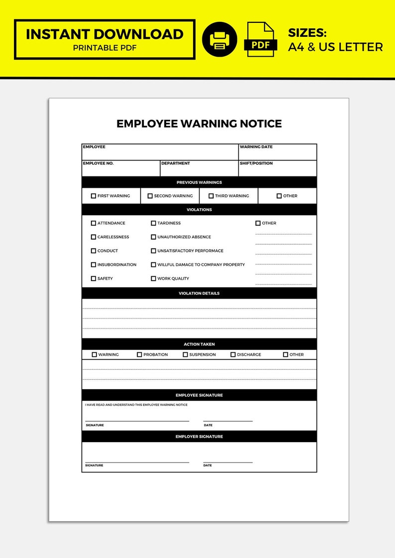 Employee Warning Notice, Employee Warning Notice Form - Etsy