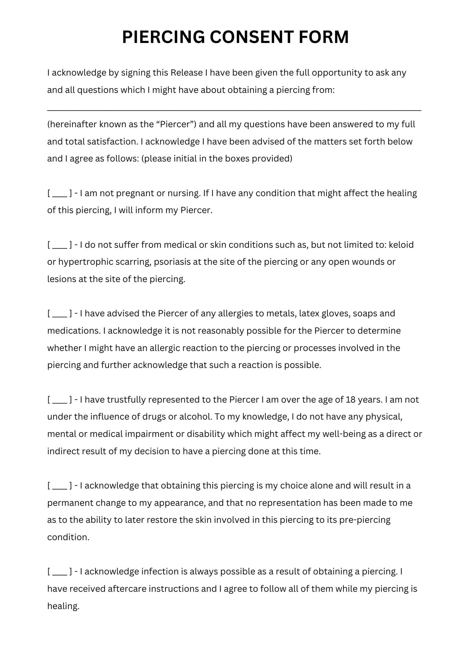 Piercing Consent Form, Consent Form for Piercing - Etsy