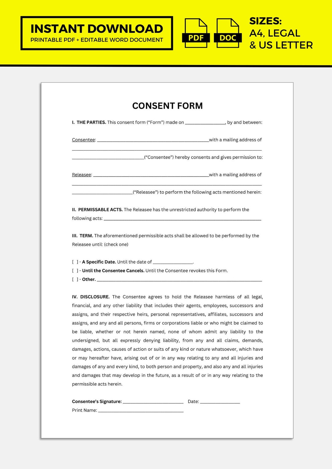 Consent Form, Consent Form Template - Etsy