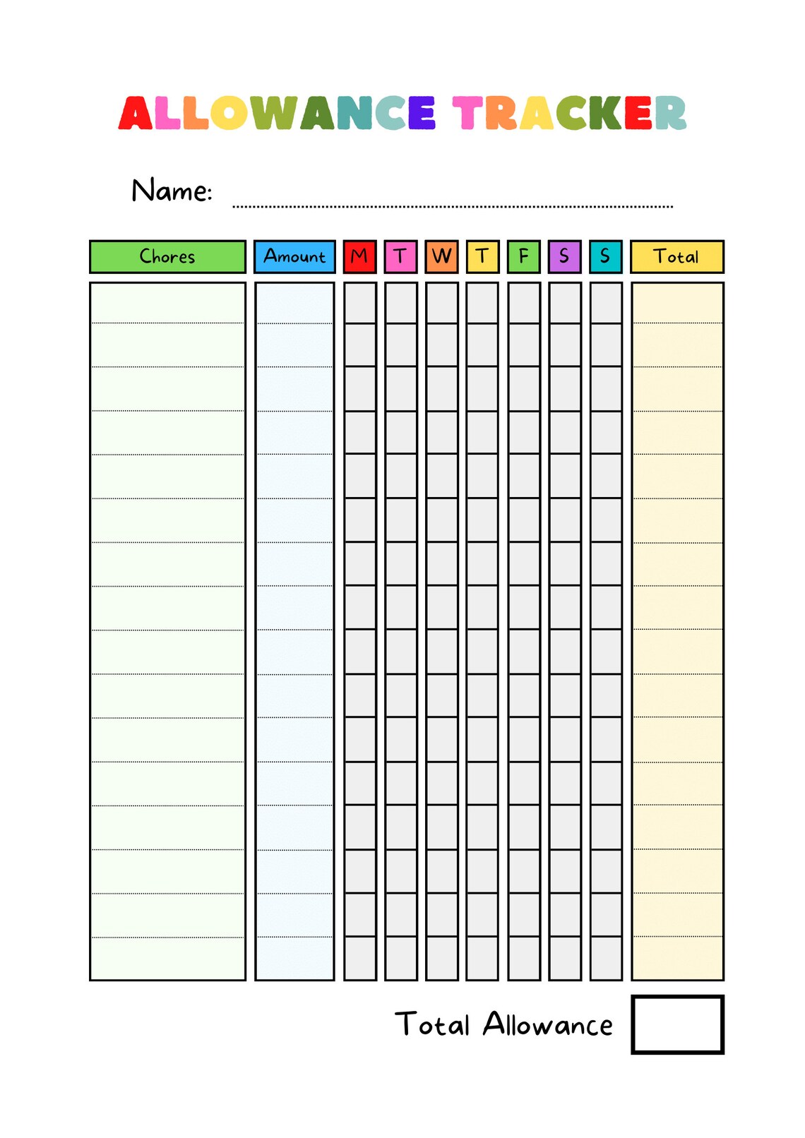 Allowance Sheet - Etsy