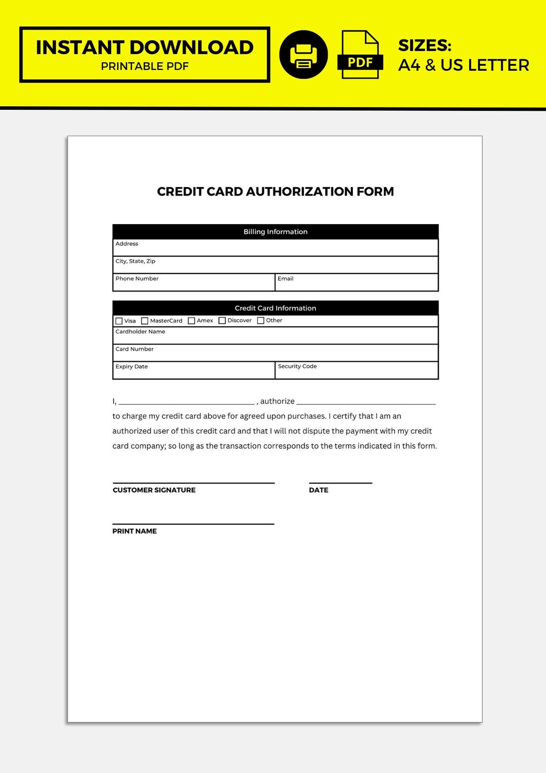 Credit Card Authorization Form, Credit Card Authorization - Etsy