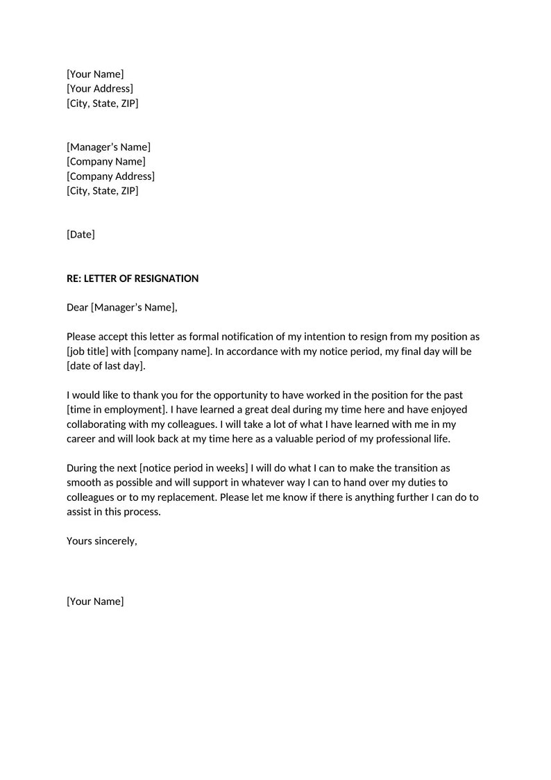 Resignation Letter Template Letter Of Resignation Template Etsy
