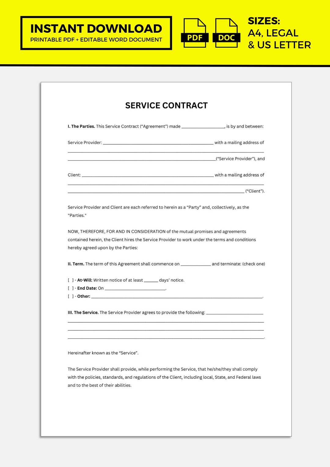 Service Contract, Service Contract Template - Etsy