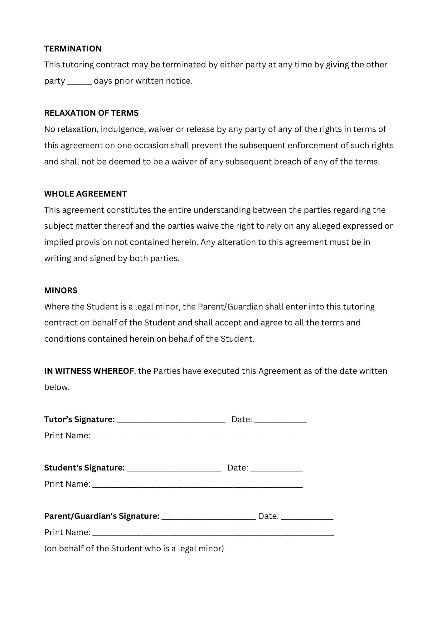Tutoring Agreement, Tutoring Contract, Tutor Agreement, Tutor Contract ...