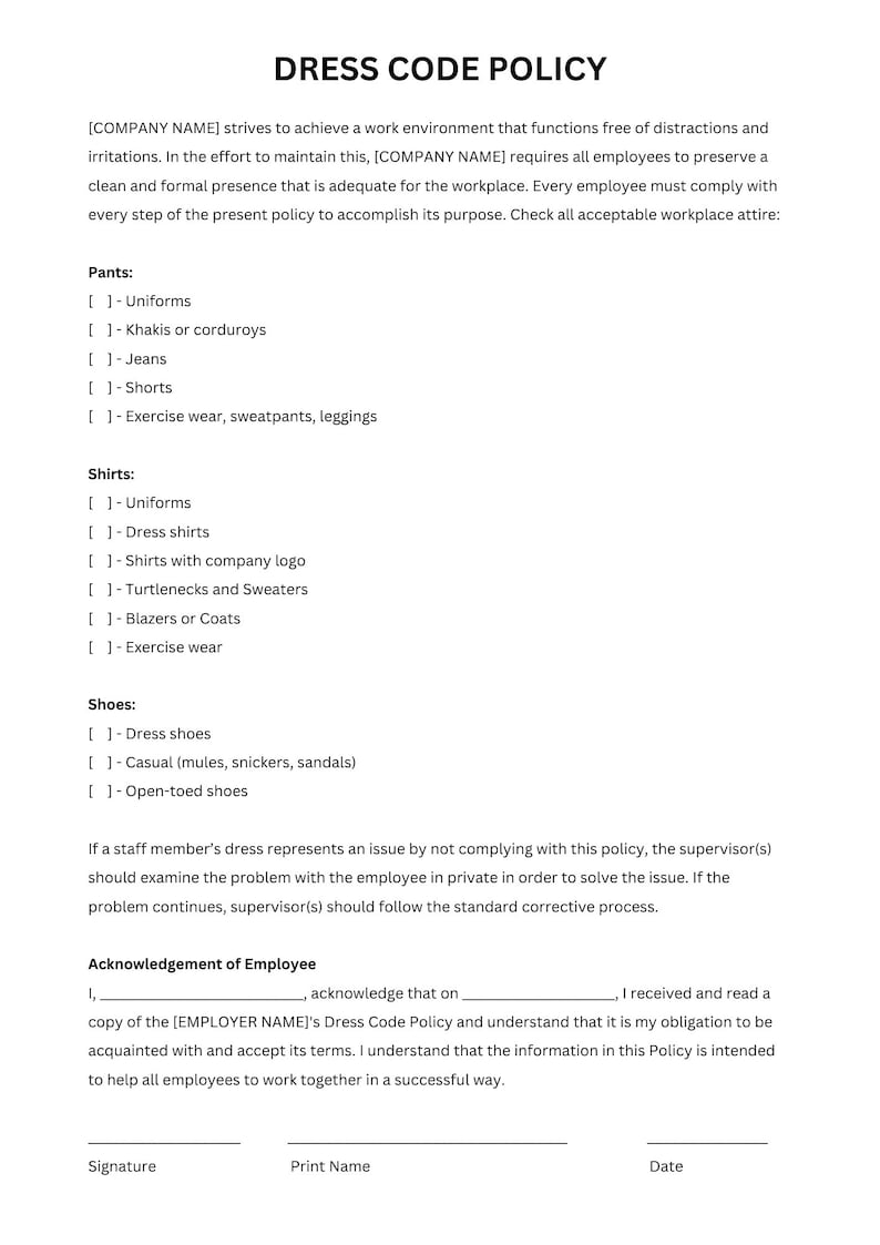 Dress Code Policy, Dress Code Policy Template - Etsy