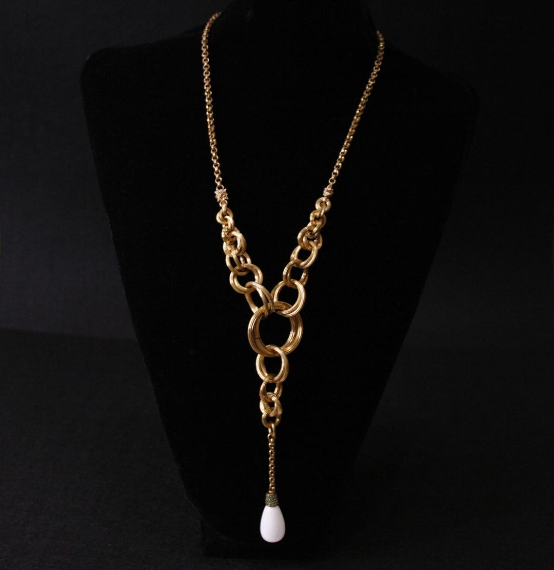 Vintage Long Chain Necklace With White Teardrop Pendant Gold Tone Rope ...