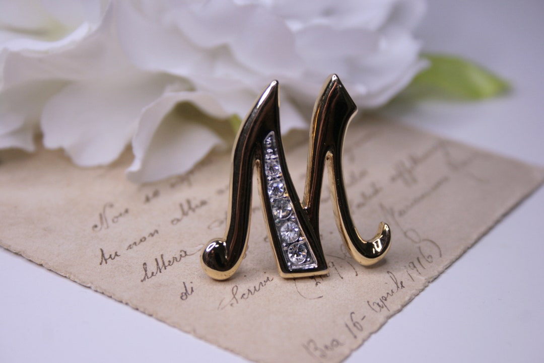 Gold Tone Letter M Brooch With Rhinestones, Monogram Vintage Brooch - Etsy