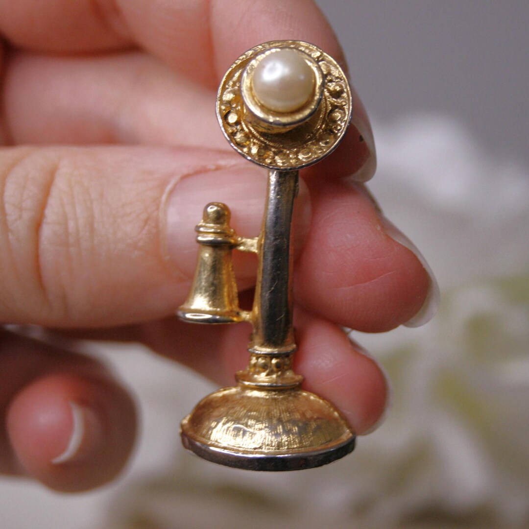 Vintage Gold Tone Candlestick Phone Brooch With Faux Pearl Gift for Her ...