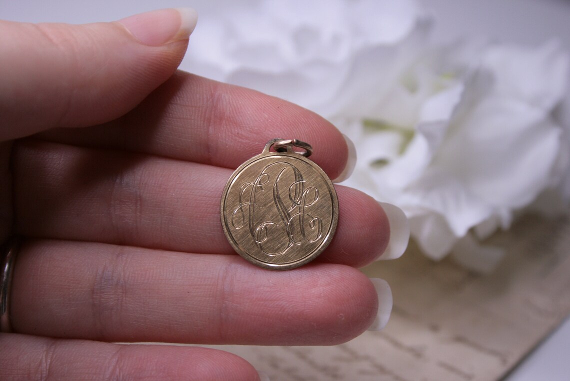 Gold Color Engraved Initial Medallion Vintage Monogram - Etsy