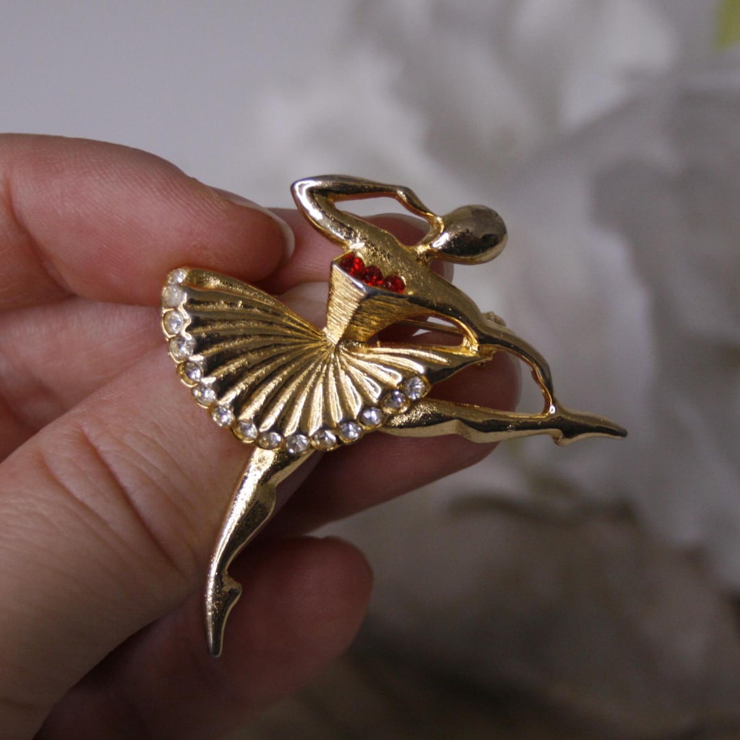 Vintage Ballerina Dancer Brooch With Rhinestones Gold Tone Ballet Girl ...