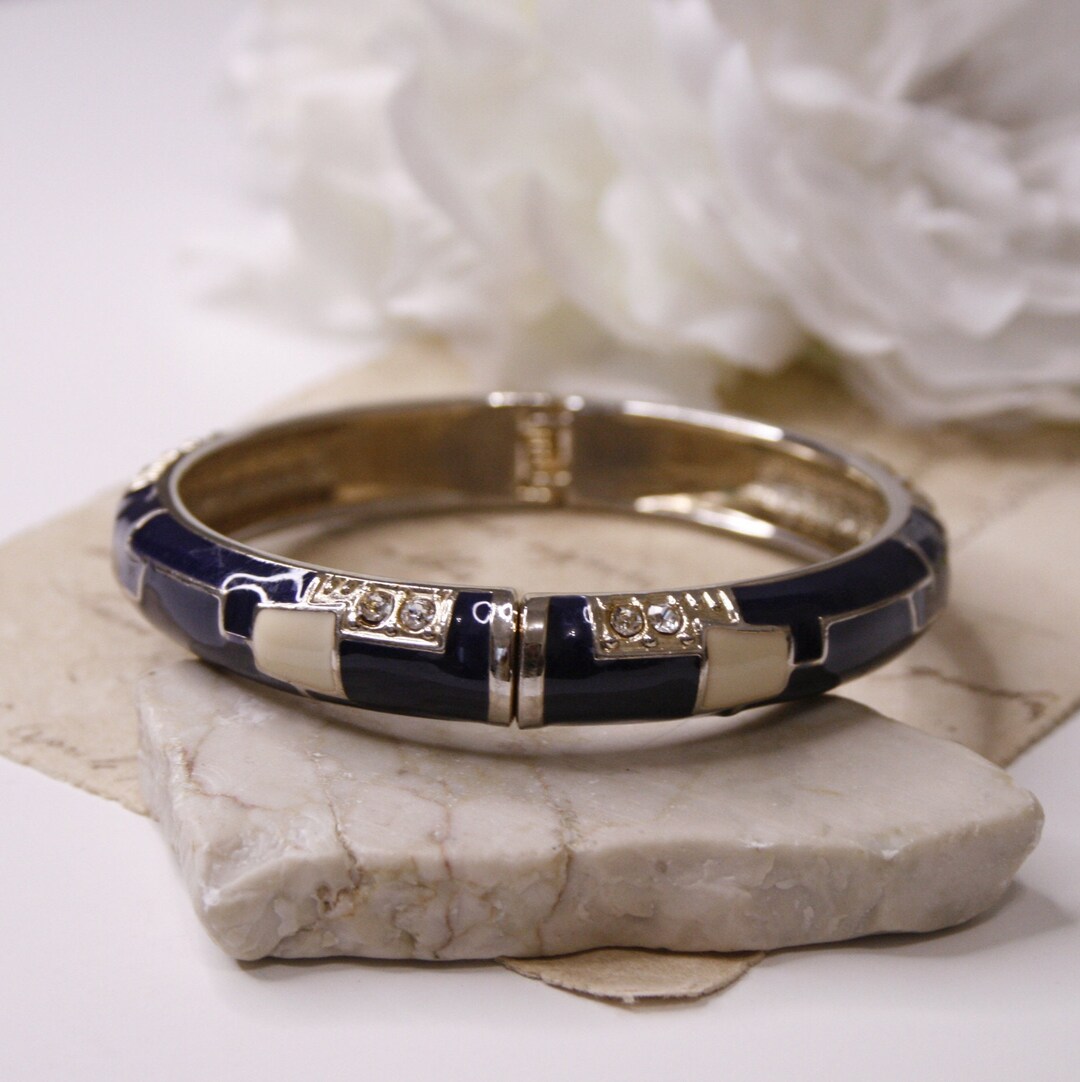 Vintage Blue Enamel Bangle With Rhinestones Signed JTF Woman Cuff ...
