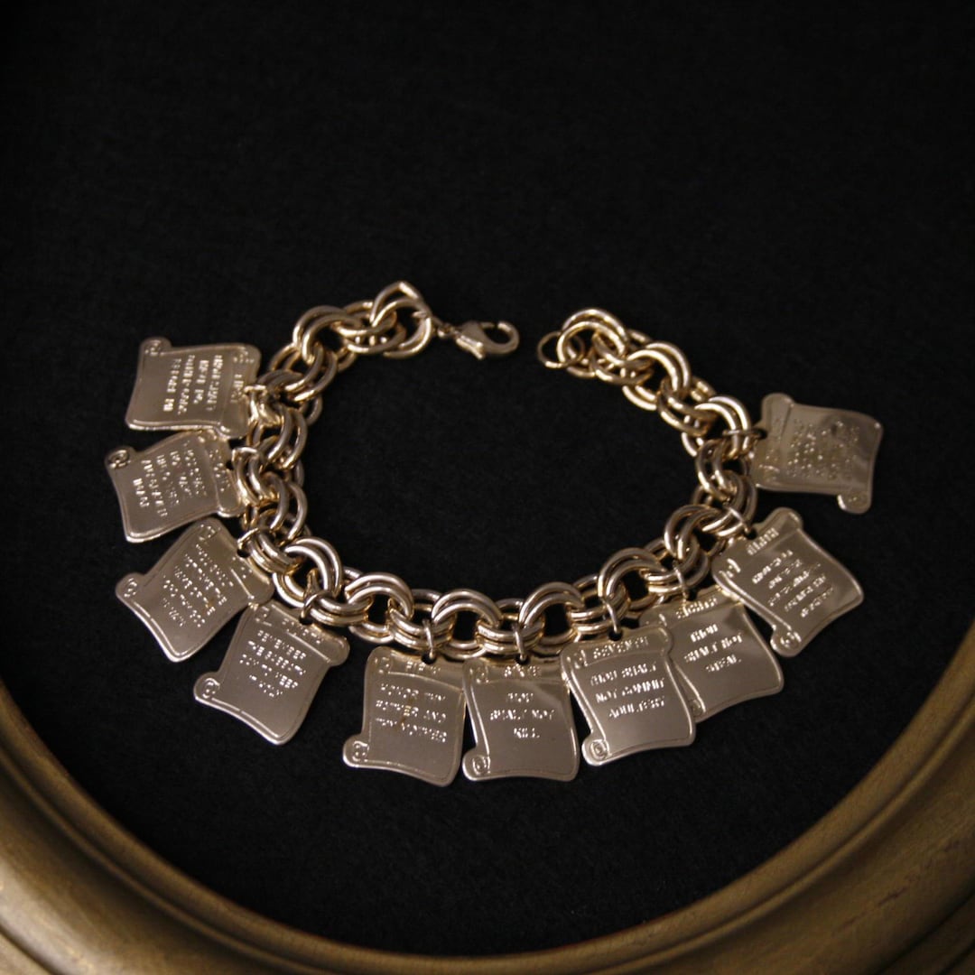 Chunky Gold Tone Ten Commandments Charm Bracelet Vintage Religious Gift ...