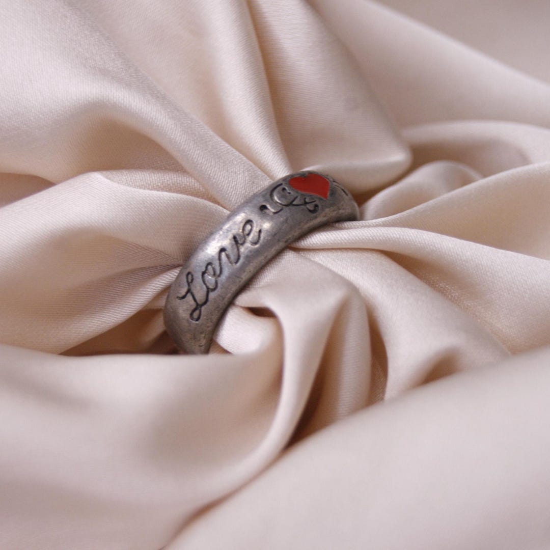 Vintage Love Waits and Red Heart Ring Pewter Purity Ring Religious Ring ...