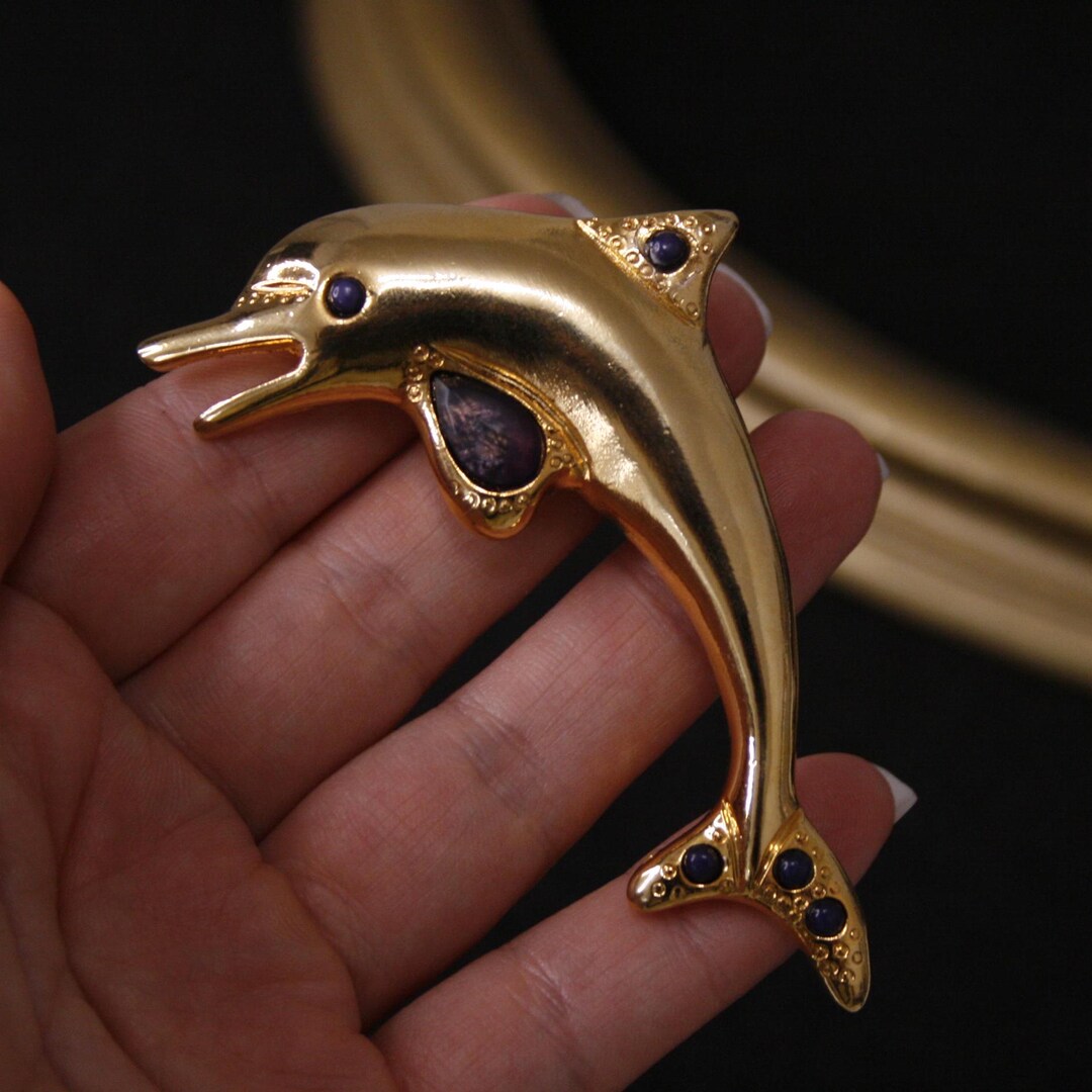 Vintage Gold Tone Dolphin Brooch With Blue Tine Perline and Purple ...