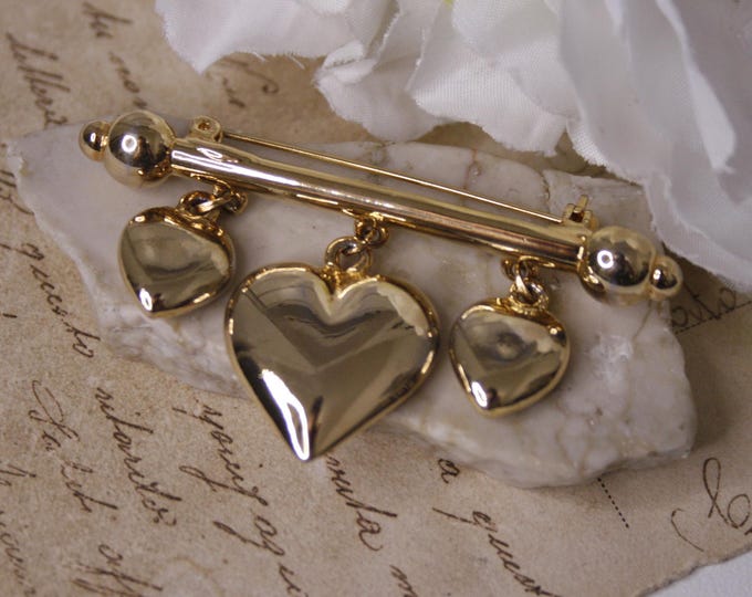 Vintage Gold Tone Three Puffy Hearts Bar Brooch Heart Dangle Brooch ...