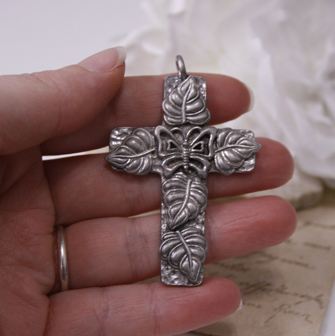 Cross With Embossed Butterfly and Leaves Silver Tone Big Cross Pendant ...