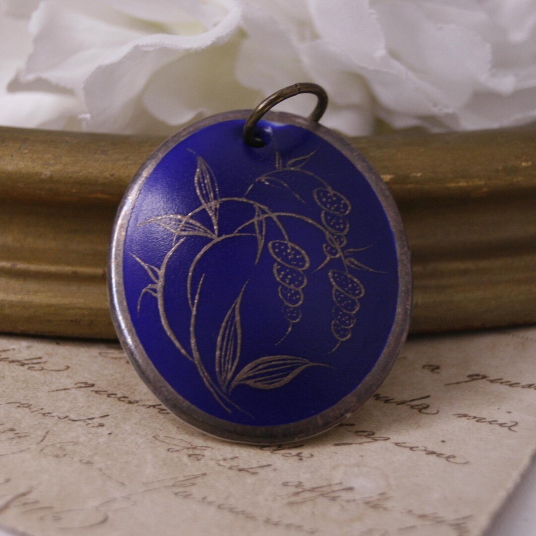 Vintage Hand Painted Porcelain Floral Pendamt Oval Blue and Gold ...