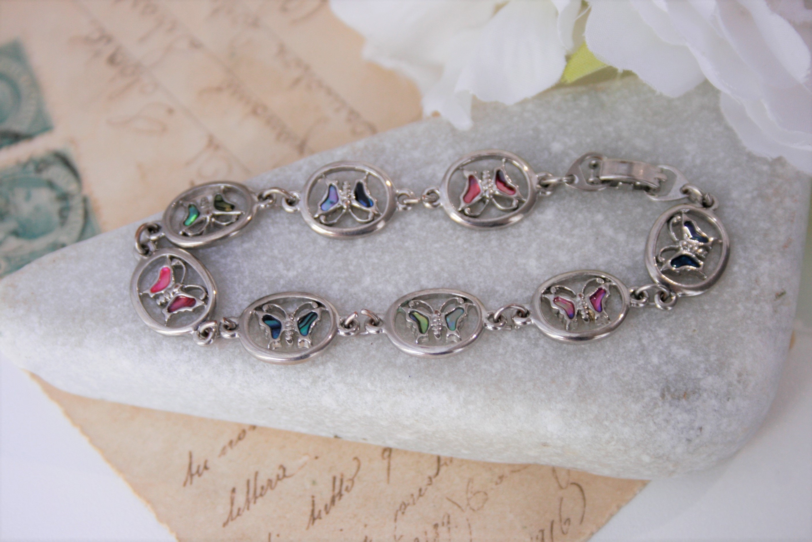 Vintage SJ Abalone Shell Link Bracelet Silver Tone Butterfly Vintage SJ Abalone Shell Link Bracelet Silver Tone Butterfly