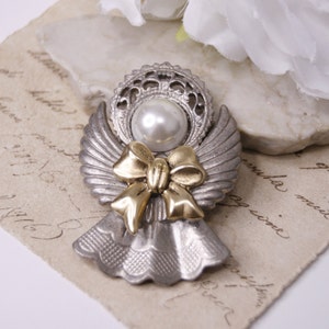 Two Toned Pewter Guardian Angel Brooch Vintage Angel With Bow Jac Win ...
