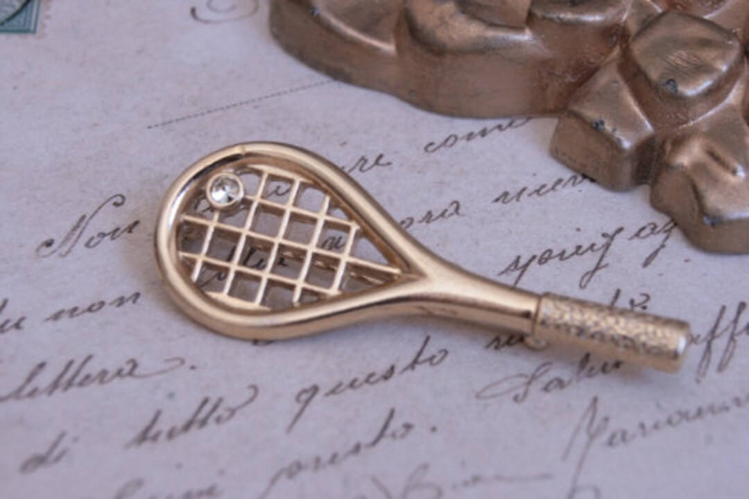 Tennis Racket Badminton Rhinestone Brooch Vintage Gold Tone Tennis ...