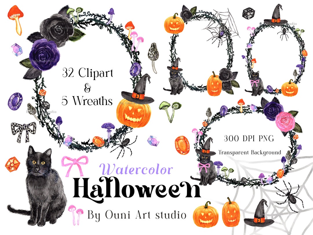 Watercolor Halloween Clipart, Halloween Cute Black Cat and Spider, Jack ...