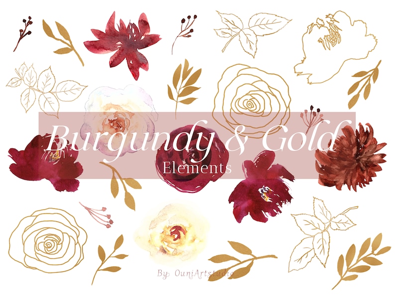 Watercolor Burgundy Gold Floral Clipart, Gold Floral Line Art Clipart ...
