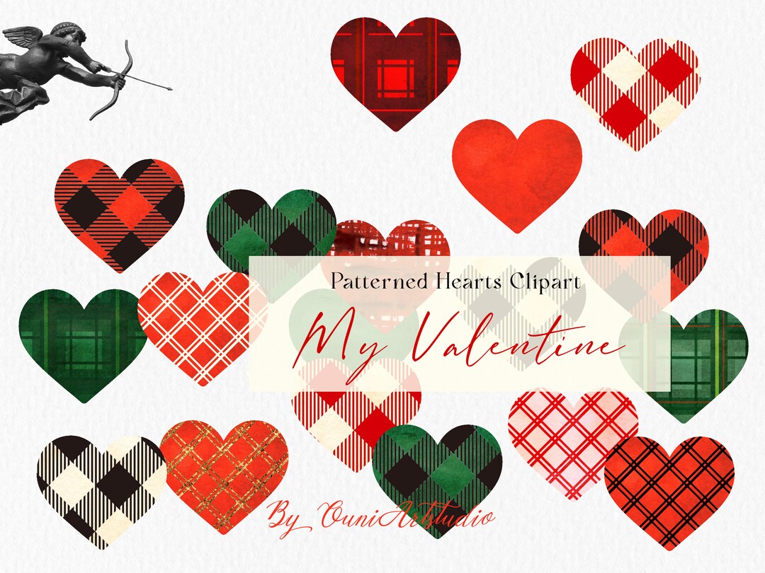 Plaid Hearts Valentine Clipart, Watercolor Hearts Clip Art, PNG, Gold ...