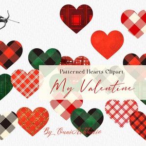 Plaid Hearts Valentine Clipart, Watercolor Hearts Clip Art, PNG, Gold ...