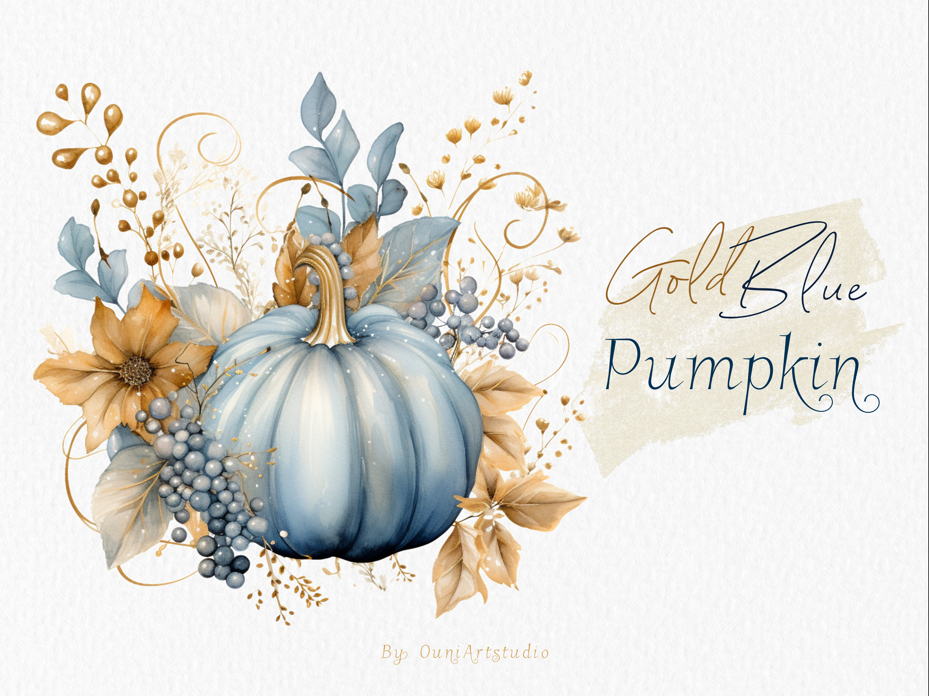 Blue Pumpkin Clipart, Watercolor Blue Gold Pumpkin, Watercolor Pumpkin ...
