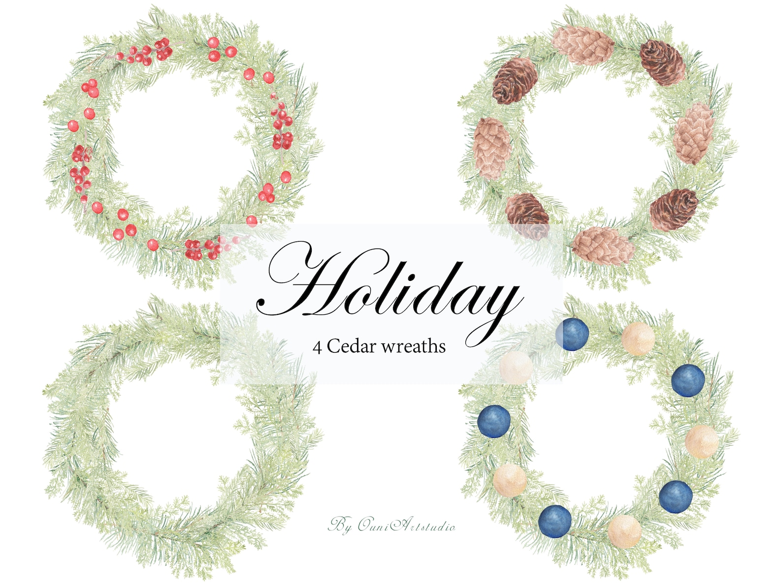 Winter Wreaths Clipart Watercolor Christmas Clipart Cedar - Etsy