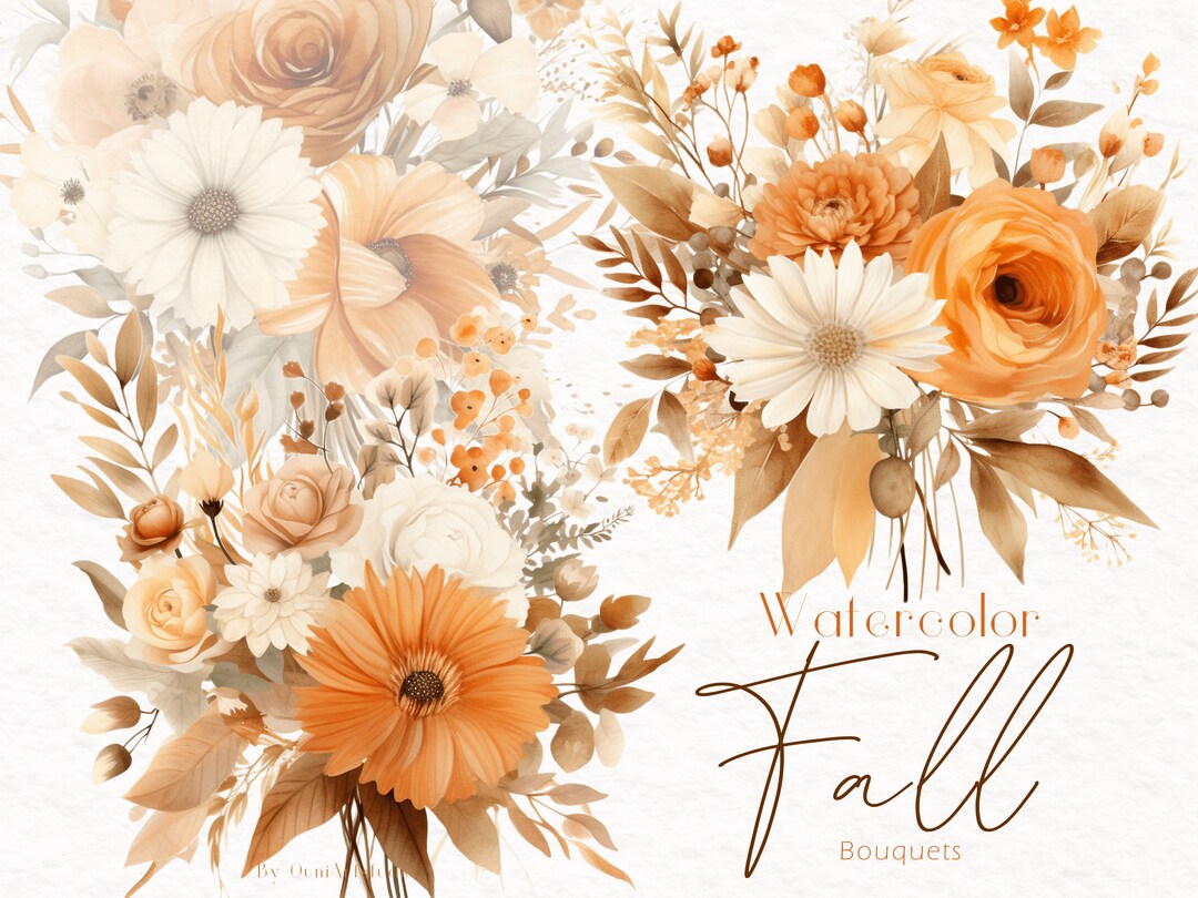 Orange Floral, Fall Floral Watercolor Clipart, Watercolor Fall Flowers ...