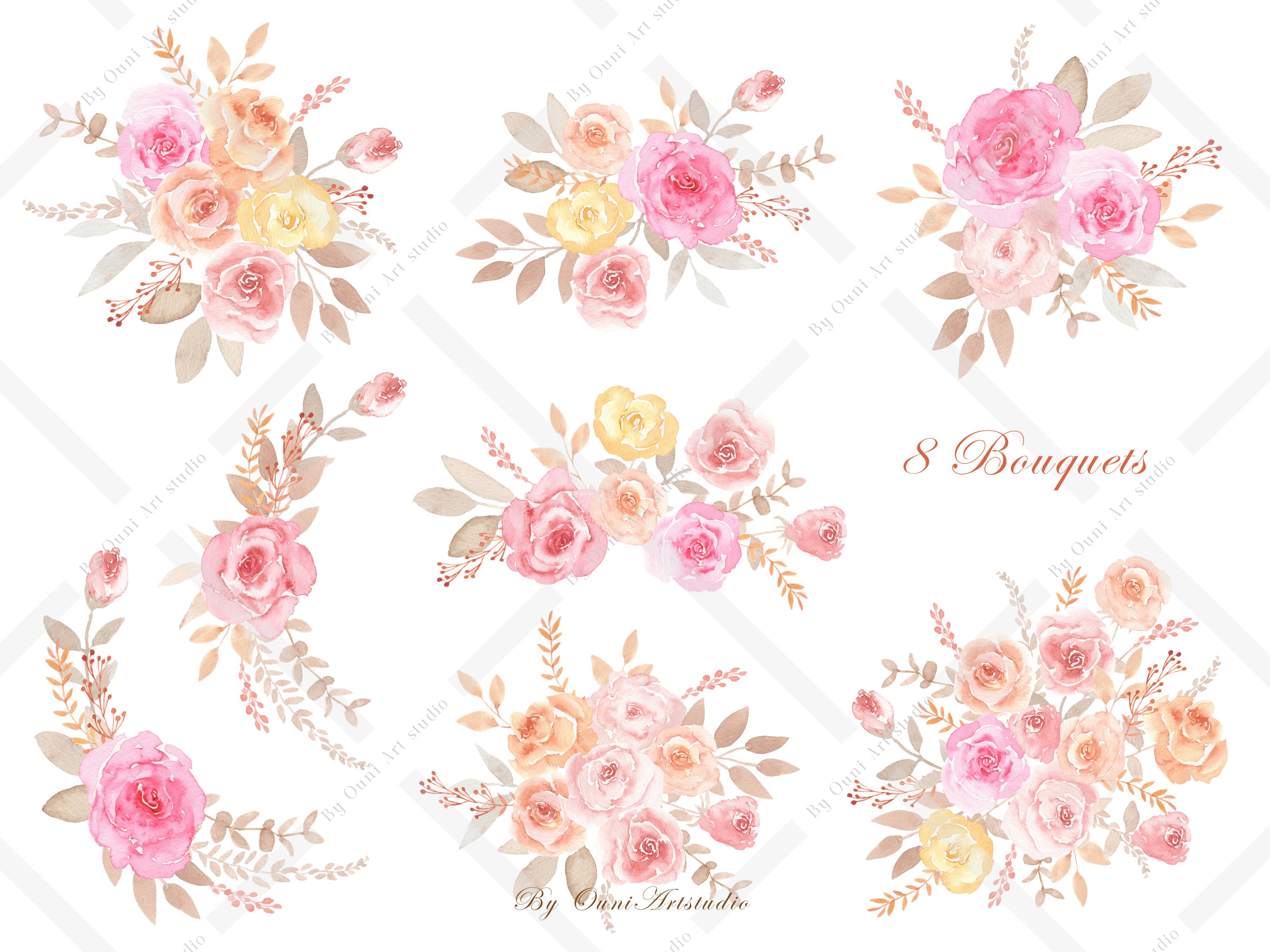 Watercolor Rose Clipart, Blush Pink Floral Bouquets (digital Download ...