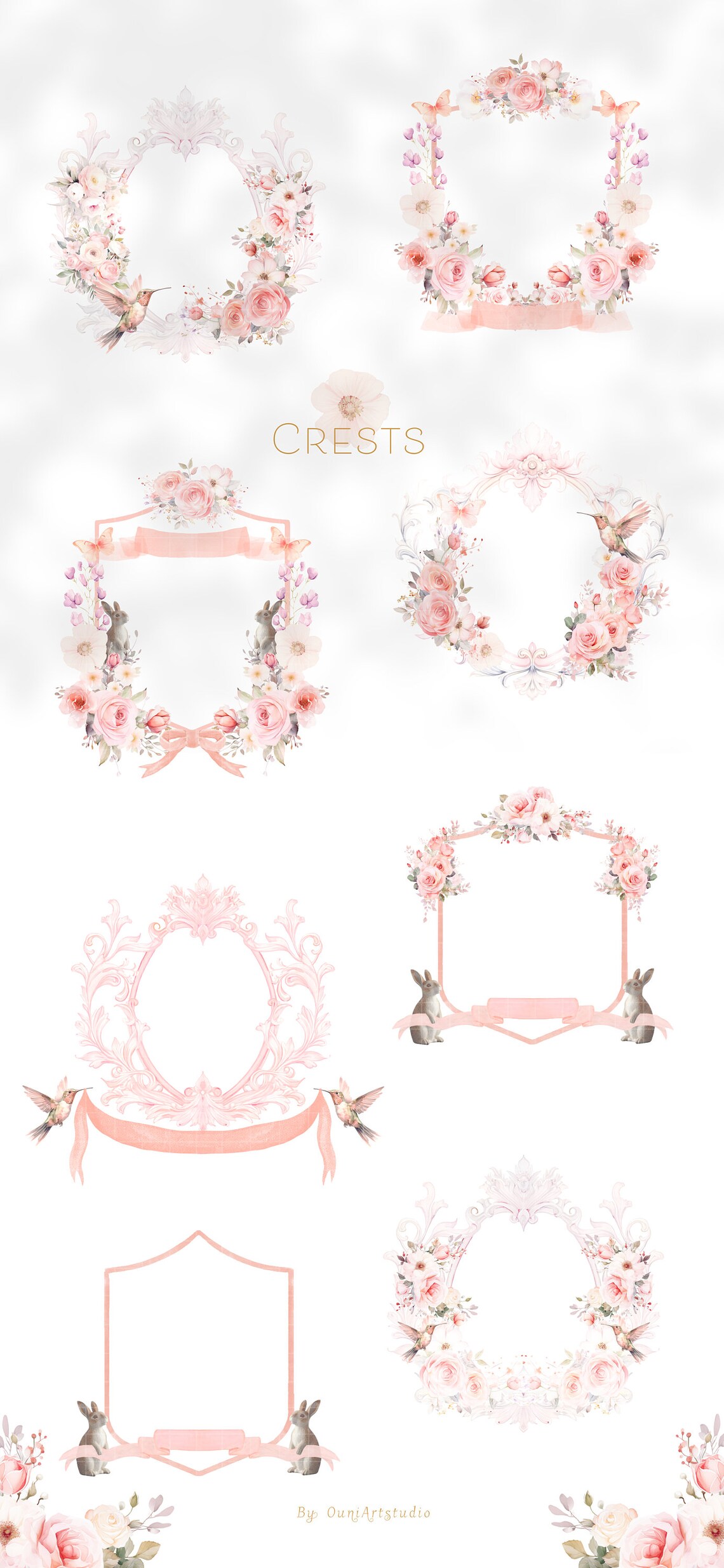 Pink Floral Crest Clipart Set, Watercolor Rose PNG (digital Download ...