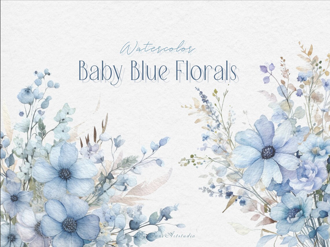 Watercolor Baby Blue Floral Clipart, Flower Bouquets and Frames ...