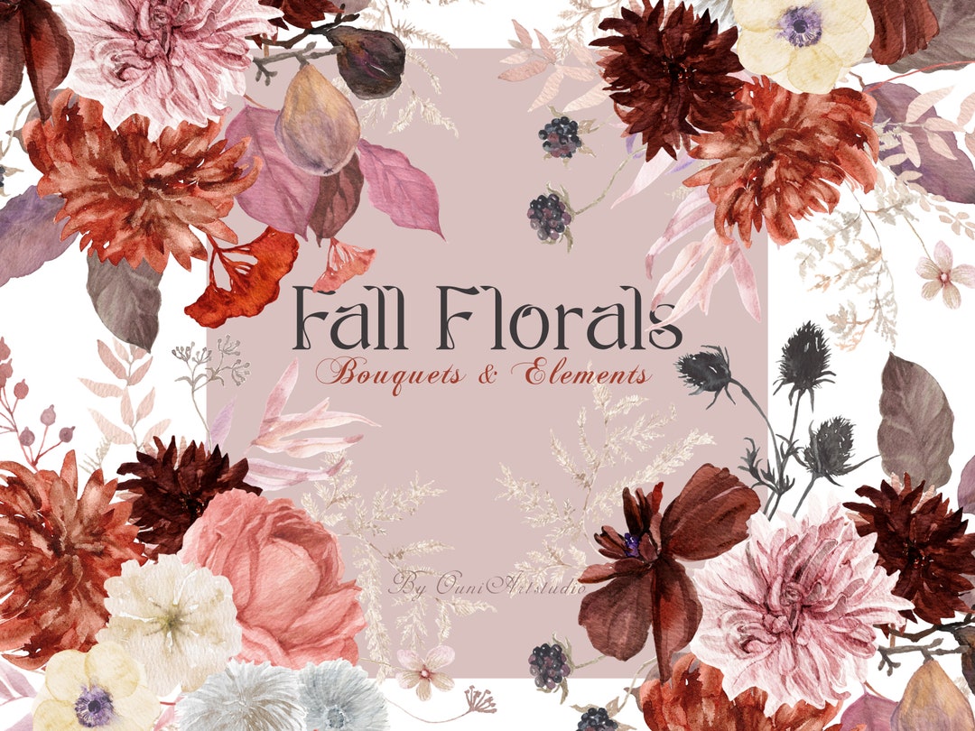 Watercolor Burgundy Floral, Watercolor Fall Floral Clipart, Pink Floral ...
