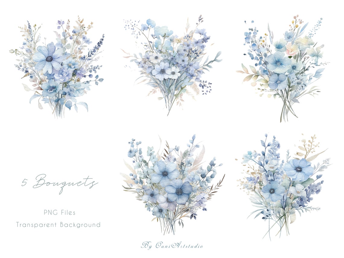 Watercolor Baby Blue Flowers Clipart, Dusty Blue Floral Clipart ...