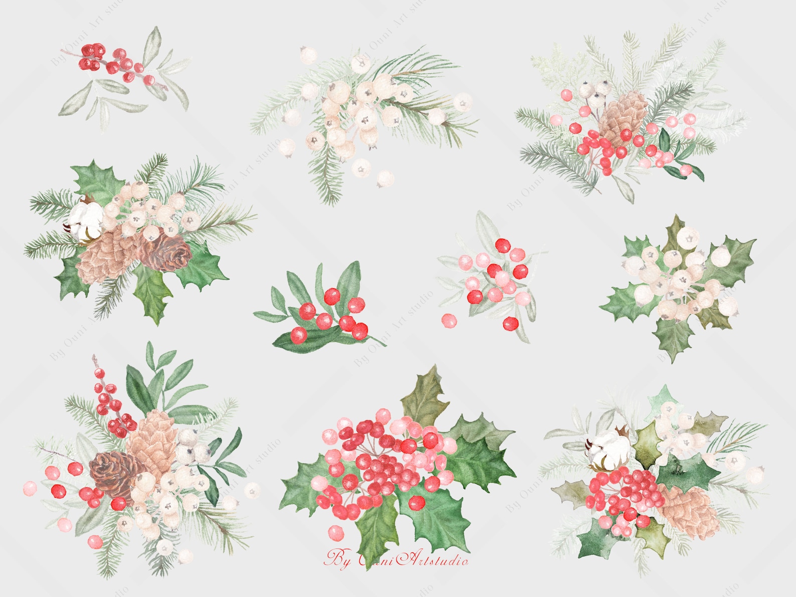 Watercolor Holly Berry Clipart, Watercolor Christmas Clipart ...