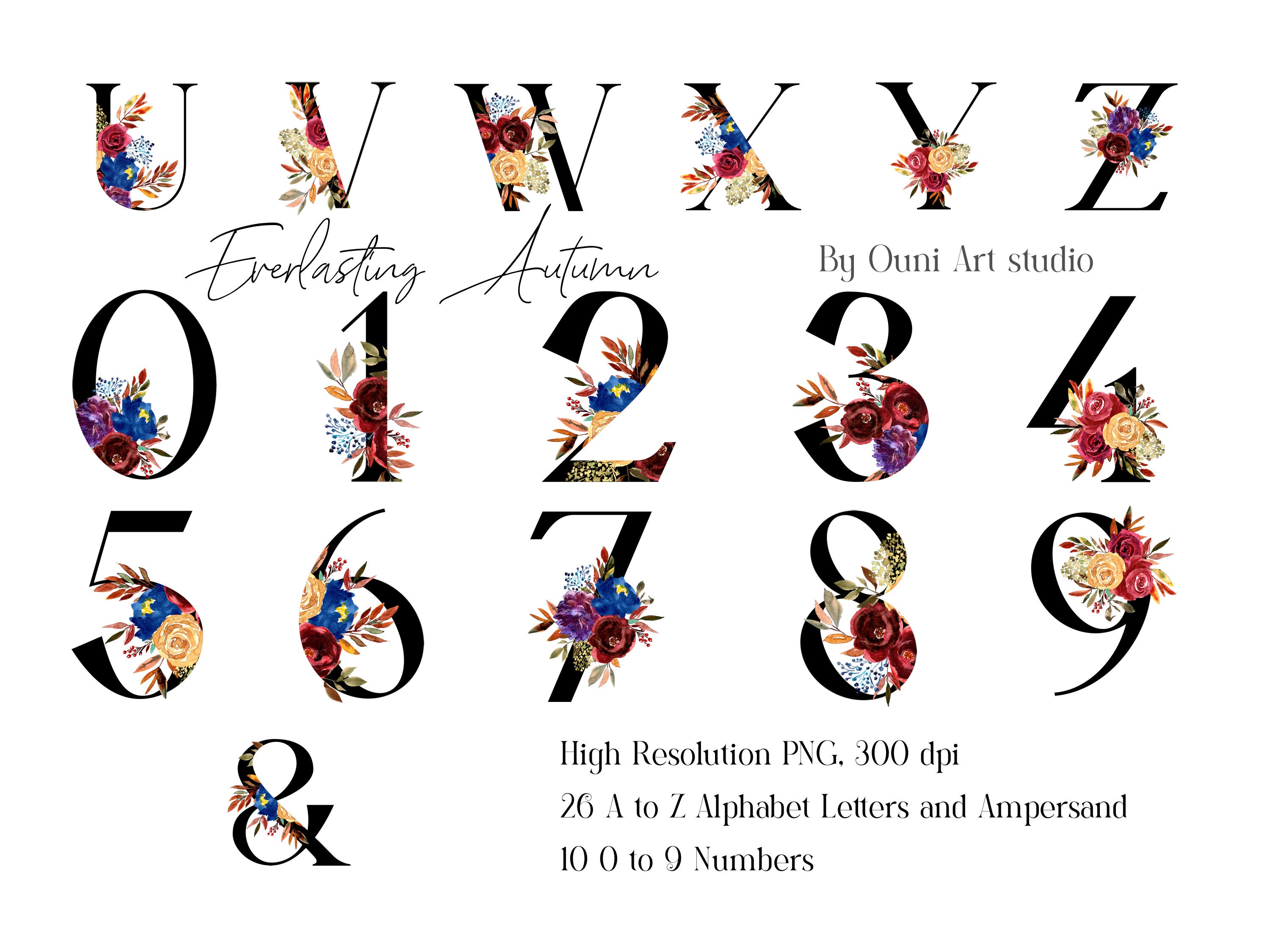 Watercolor Printable Floral Letters Clipart, Fall Clipart, Floral ...