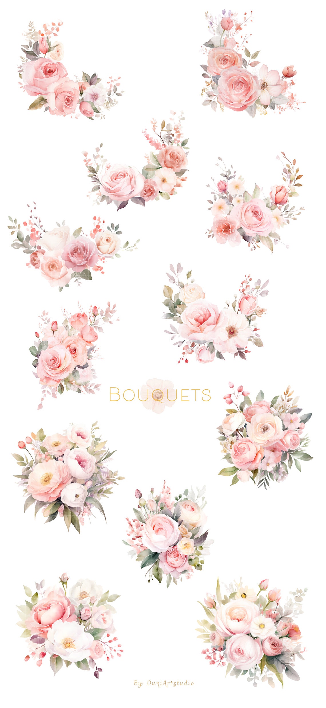 Watercolor Pink Floral, Pink Rose Floral Clipart, Gold Floral Frame PNG ...