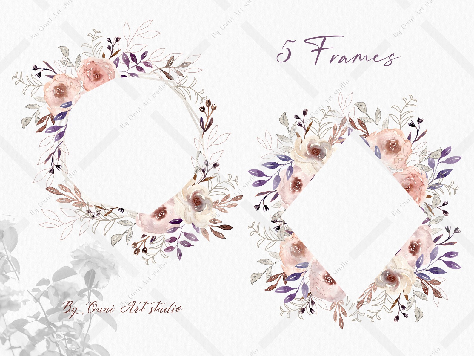 Watercolor Floral Frames Clipart, Mauve Pink Roses (PNG Digital ...
