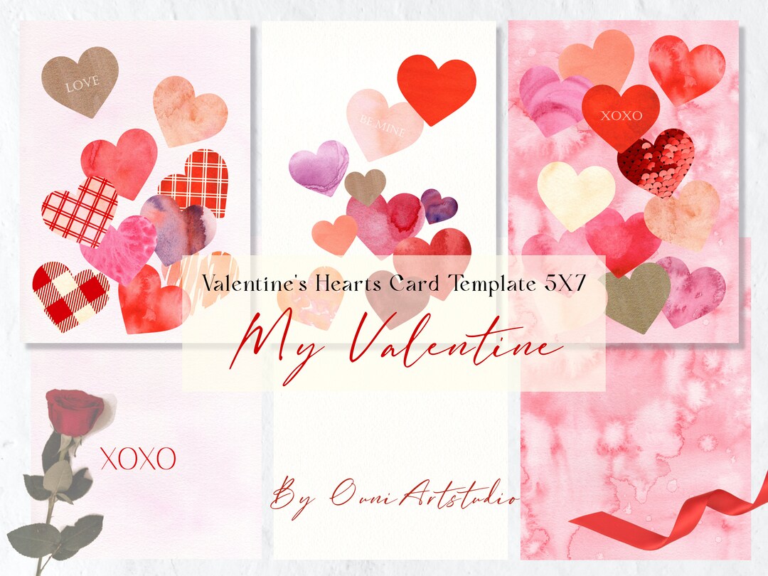 Valentines Heart Card Clipart, Card Templates, 5X7, Watercolor Pink ...