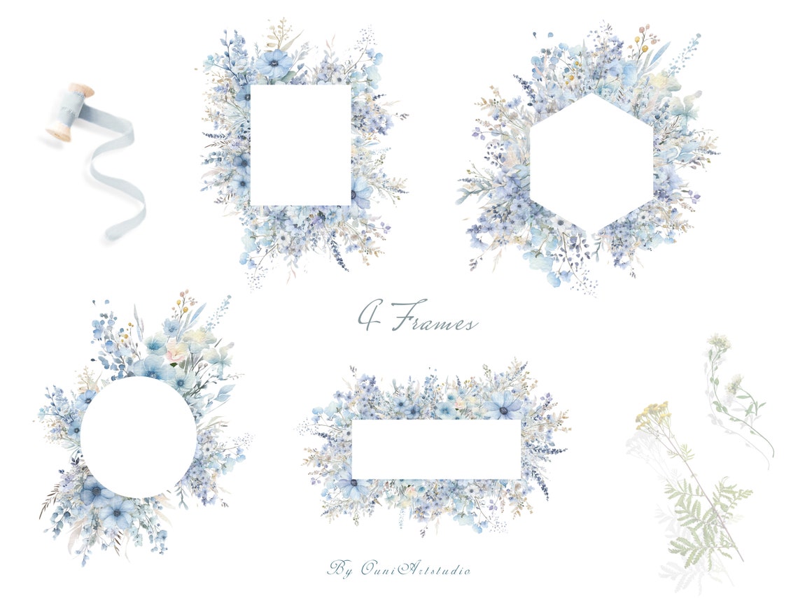 Watercolor Baby Blue Flowers Clipart, Dusty Blue Floral Clipart ...