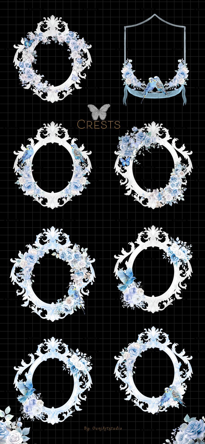 Blue Florals Clipart, Floral Crest Clipart, Blue Rose Clipart PNG ...