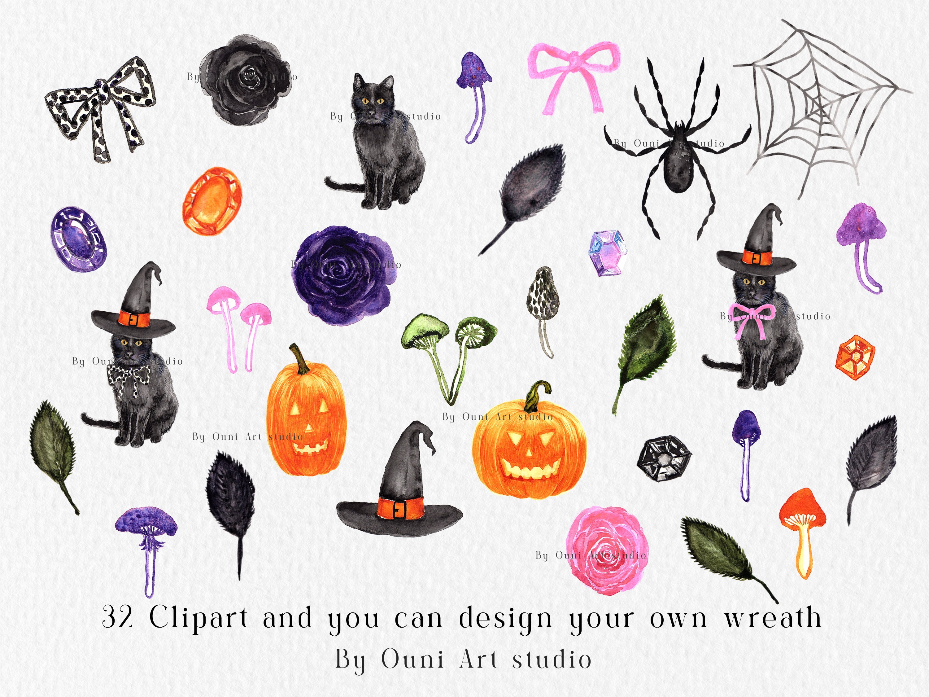 Watercolor Halloween Clipart, Halloween Cute Black Cat and Spider, Jack ...