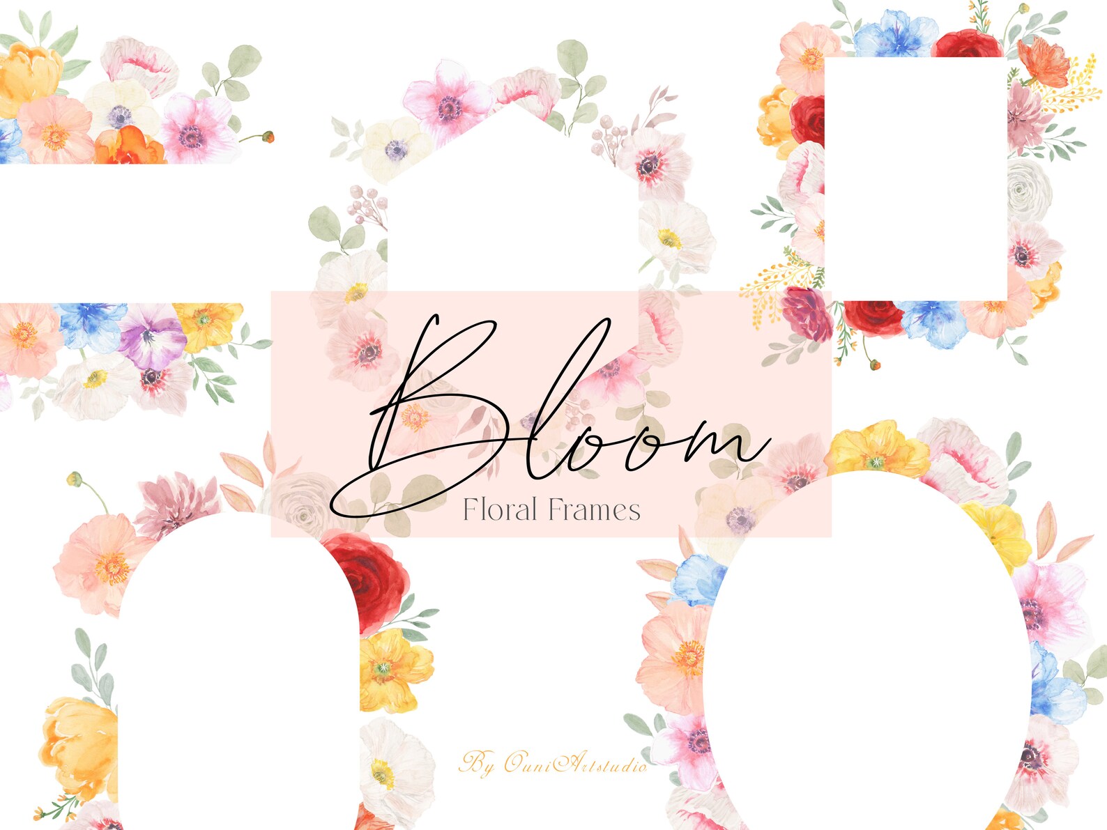 Watercolor Floral Clipart, Bright Flower Clip Art, Floral Frames ...