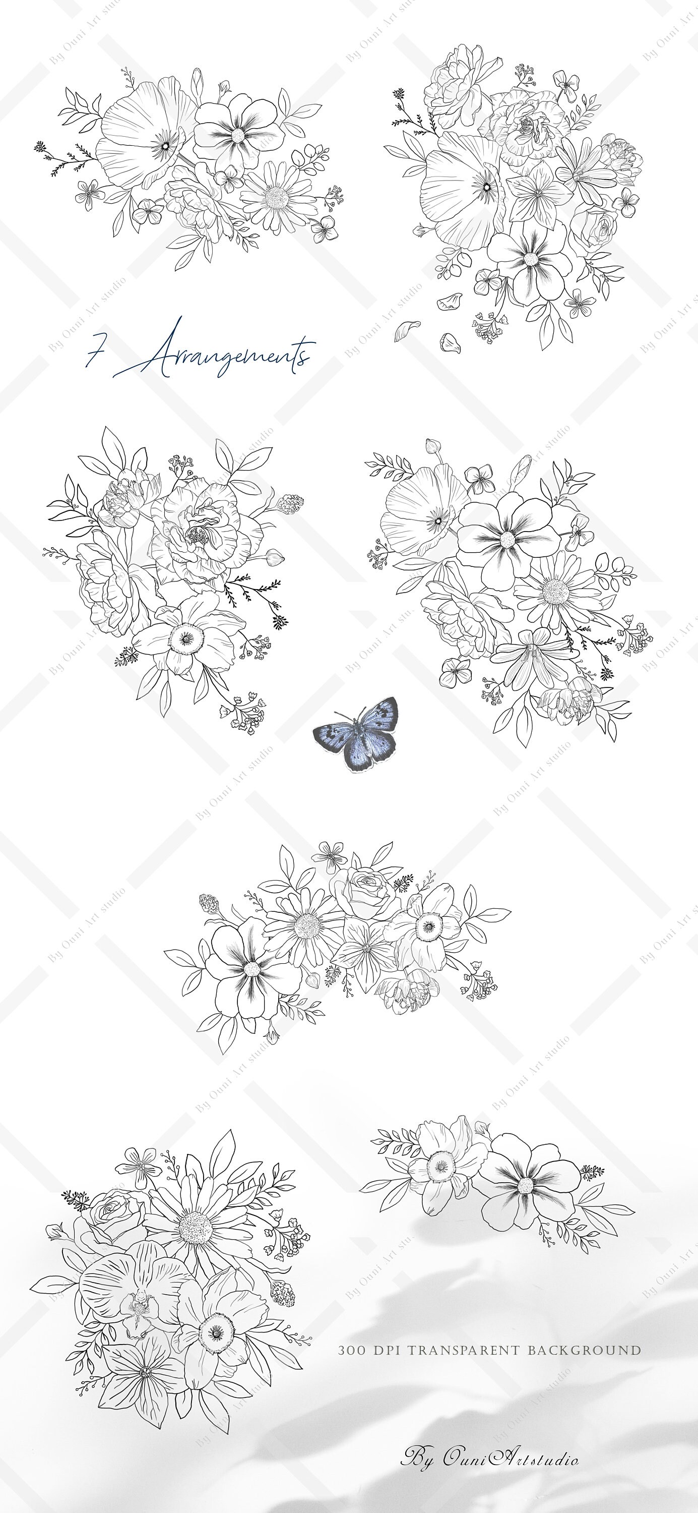 Floral Line Art Clipart, Peony Line Art, Black and White Flower Line ...